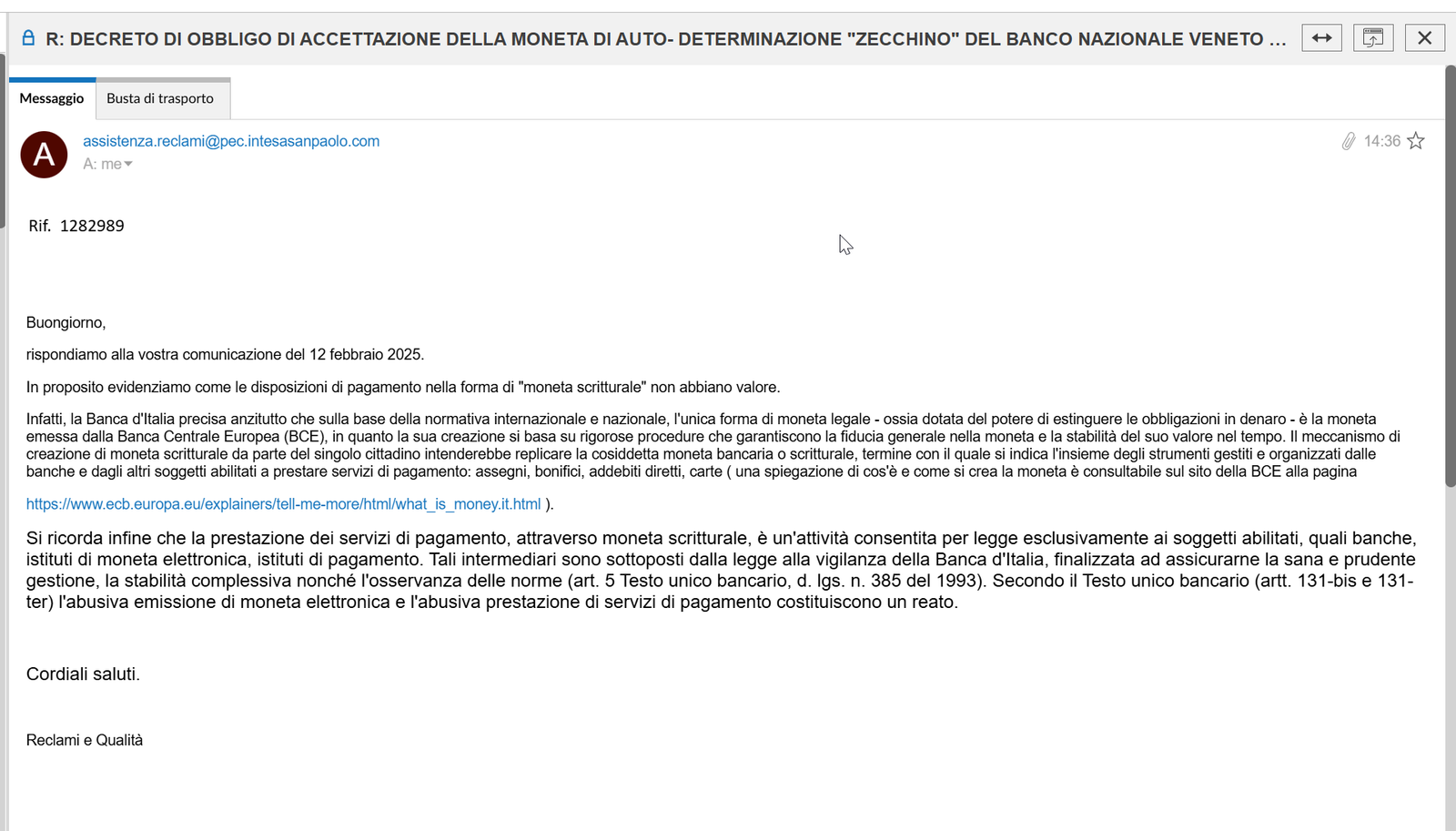 DECRETO DI OBBLIGO DI ACCETTAZIONE DELLA MONETA DI AUTO- DETERMINAZIONE ...